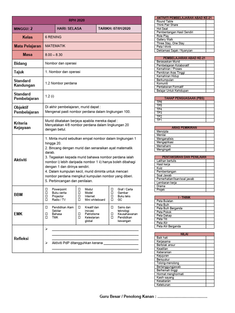RPH MT Tahun 6 2020 | PDF
