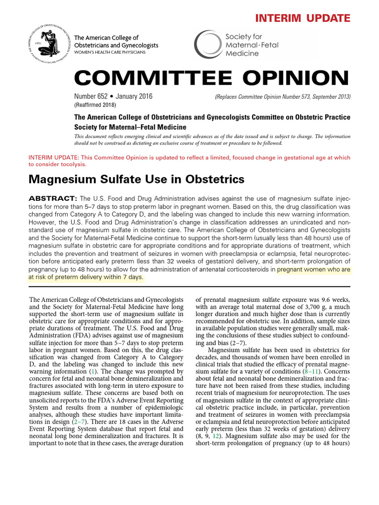 Magnesium Sulfate in Obstetrics | PDF | Self-Improvement