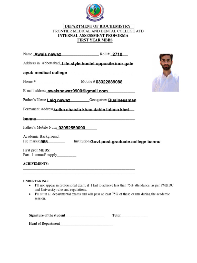 MBBS First Year Internal Assessment Form | PDF | Higher Education ...