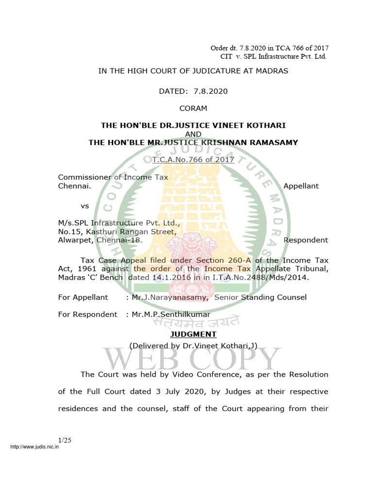 Commissioner of Income Tax Vs SPL Infrastructure Pvt. Ltd. Madras High Court | PDF