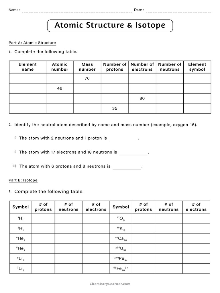 Atomic Structure Isotopes Worksheet | PDF