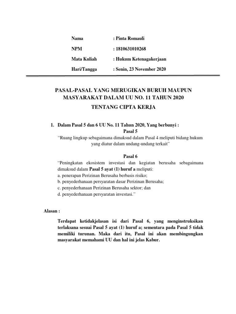 Analisis Pasal UU Cipta Kerja Yang Merugikan Buruh - Pinta Romauli ...