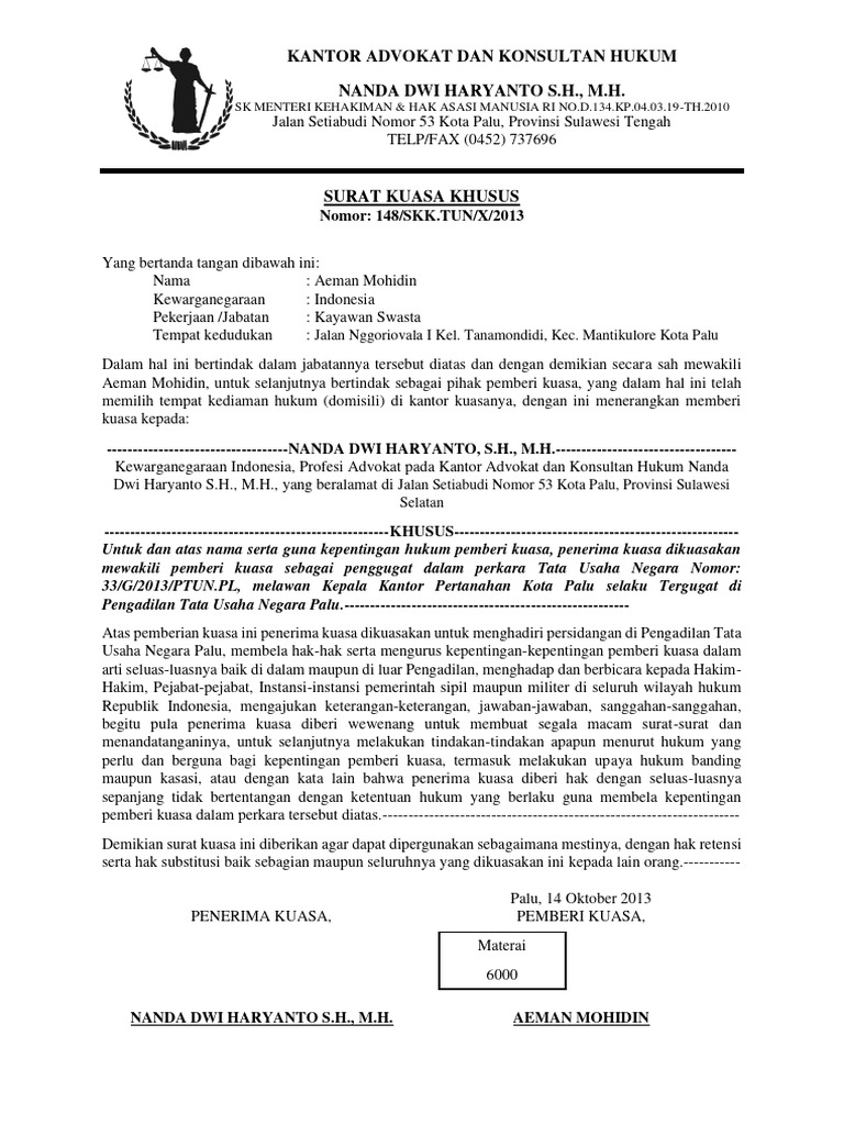 Contoh Surat Kuasa Khusus PTUN | PDF