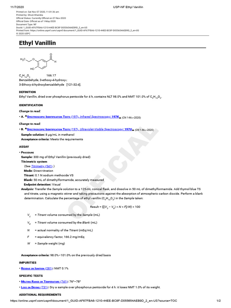 USP-NF Ethyl Vanillin | PDF | Titration | Chemistry