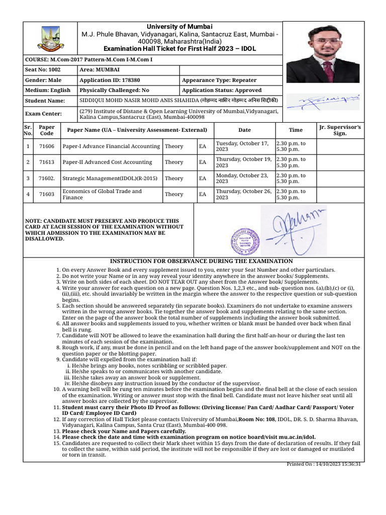 M.Com Exam Hall Ticket - October 2023 | PDF | Identity Document