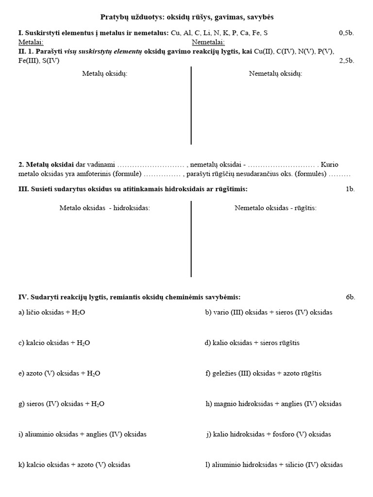 10 Kl. Pratybų Užduotys - Oksidų Rūšys, Gavimas, Savybės | PDF
