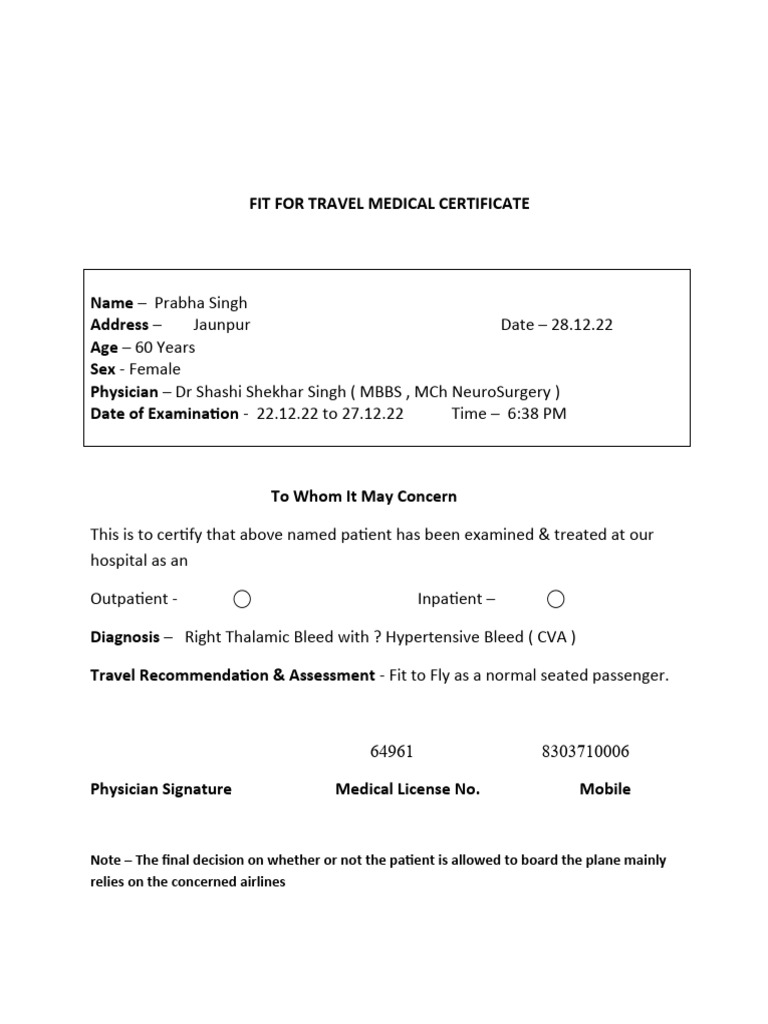 Fit For Fly Medical Certificate | PDF
