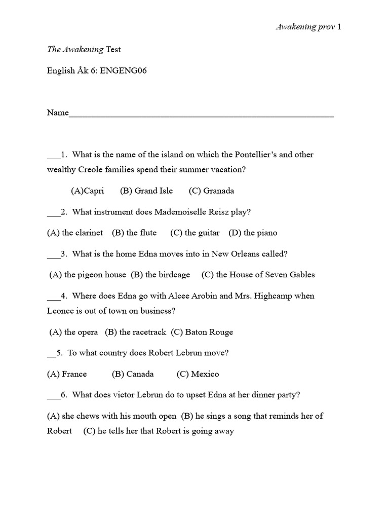 The Awakening Test Questions and Answers | PDF | The Awakening (Chopin ...