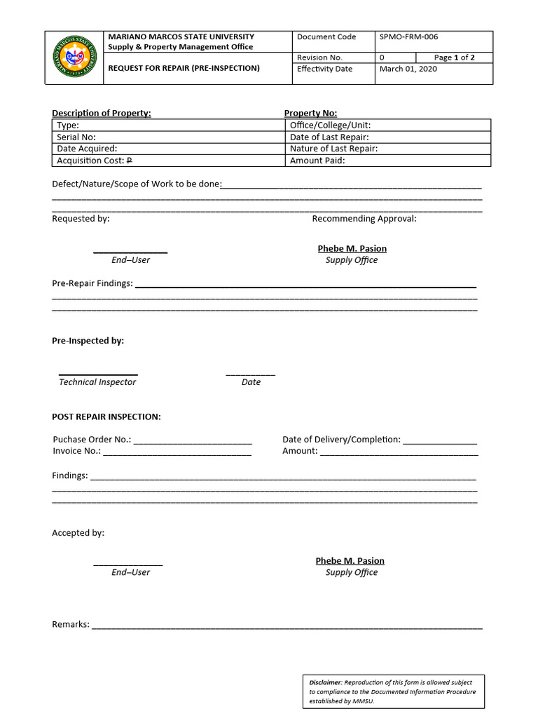 Pre-Repair Inspection Report Template | PDF | Business