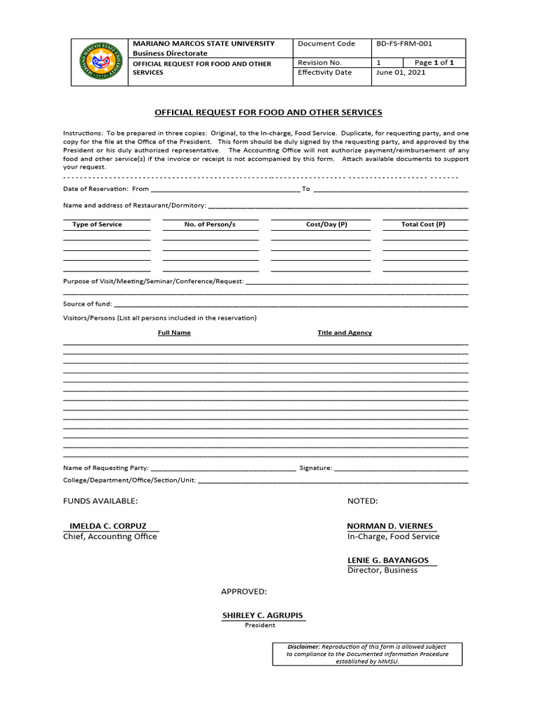 Request For Food Rev1 | PDF