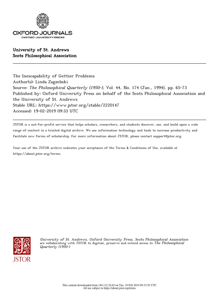 The Inescapability of Gettier Problems - Linda Zagzebski | PDF | Wellness