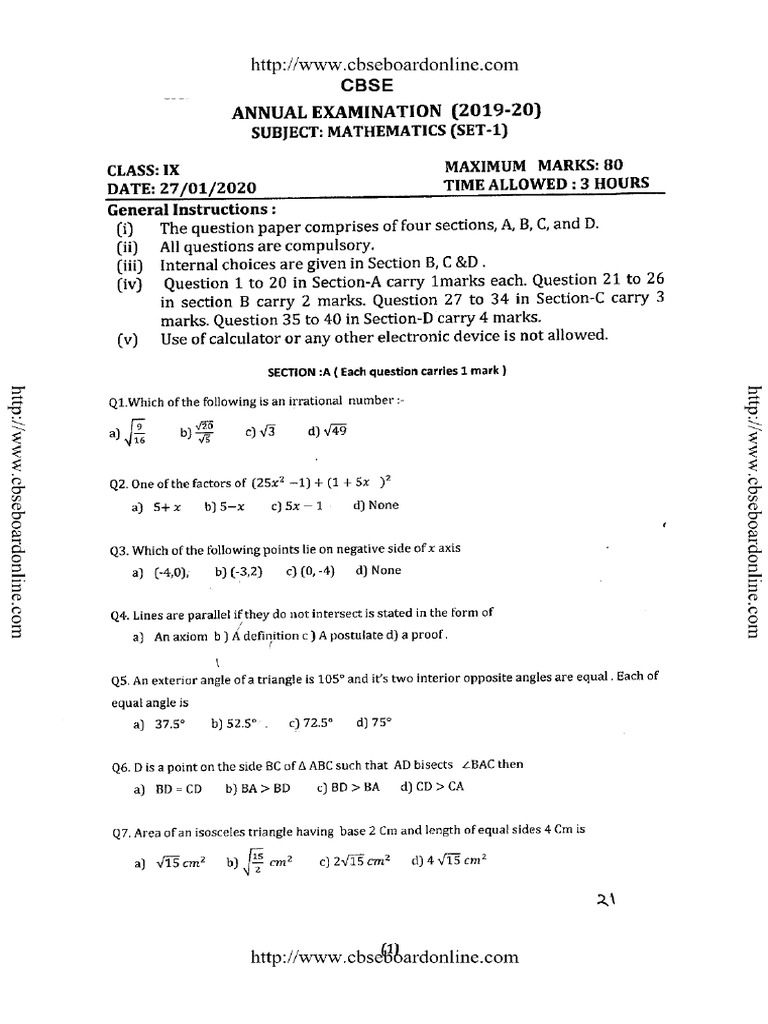 Cbse Class 9 Mathematics Set 1 2020 | PDF