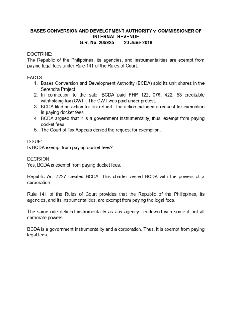 42 BASES CONVERSION AND DEVELOPMENT AUTHORITY V CIR | PDF