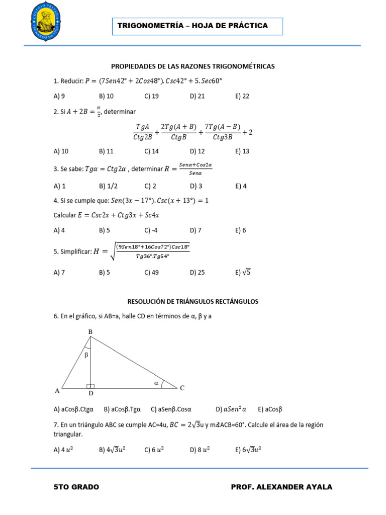 Práctica de Trigonometría 4º ESO | PDF | Trigonometría | Geometría ...