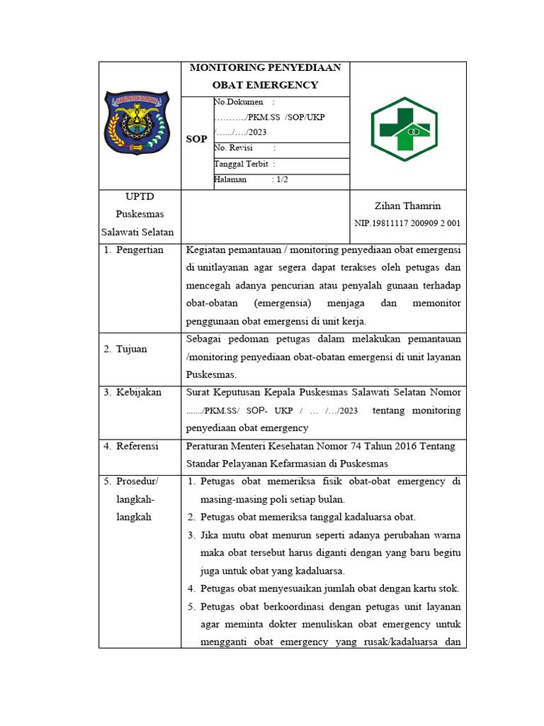 Sop Monitoring Penyediaan Obat Emergency | PDF