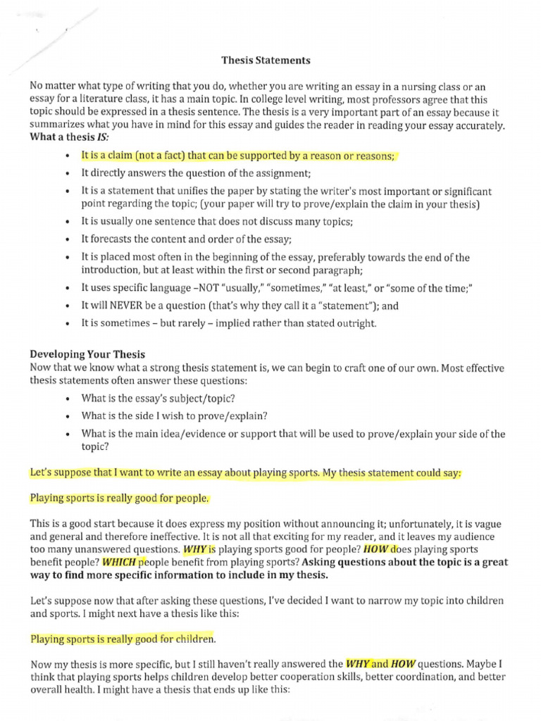 Thesis Statement Notes | PDF