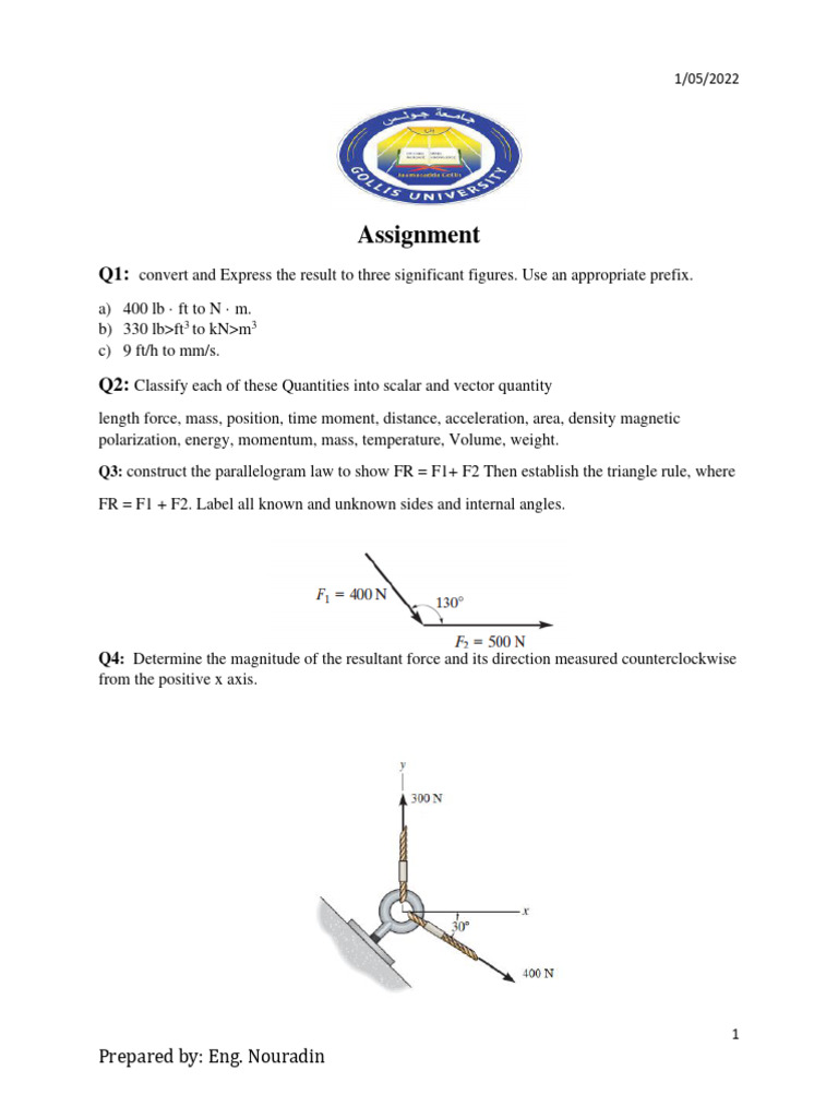 Assigment of Engineering Statics K2 Class | PDF | Euclidean Vector | Force