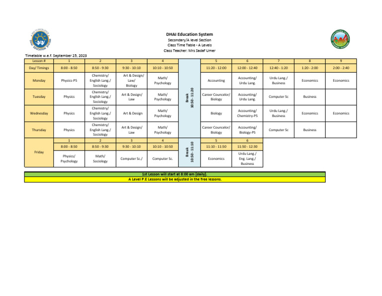 A LEVEL Timetable - W.E.F September 25, 2023 | PDF