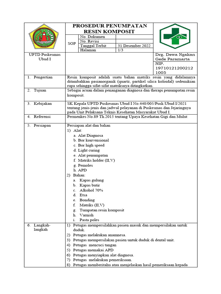 Prosedur Penumpatan Resin Komposit | PDF