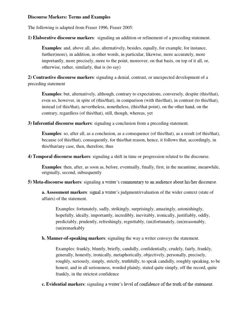 Types and Examples of Discourse-Markers | PDF | Discourse