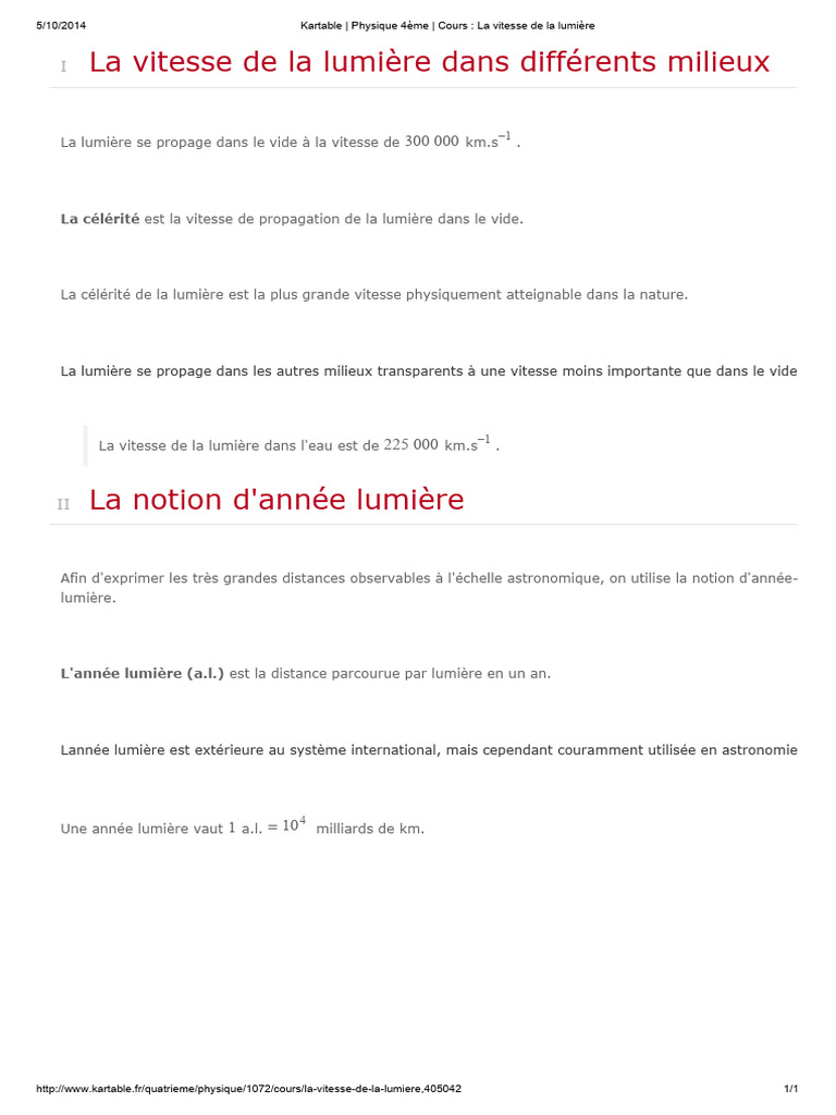 Kartable - Physique 4ème - Cours - La Vitesse de La Lumière | PDF ...