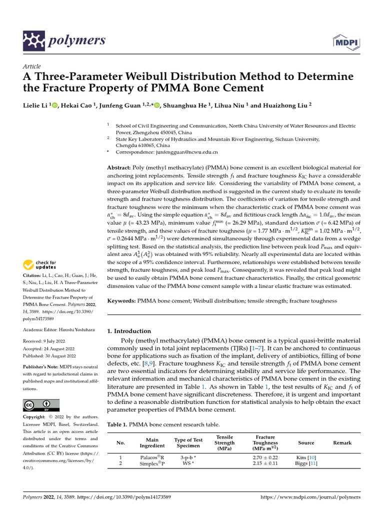A Three-Parameter Weibull Distribution Method To Determine The Fracture Property of PMMA Bone ...