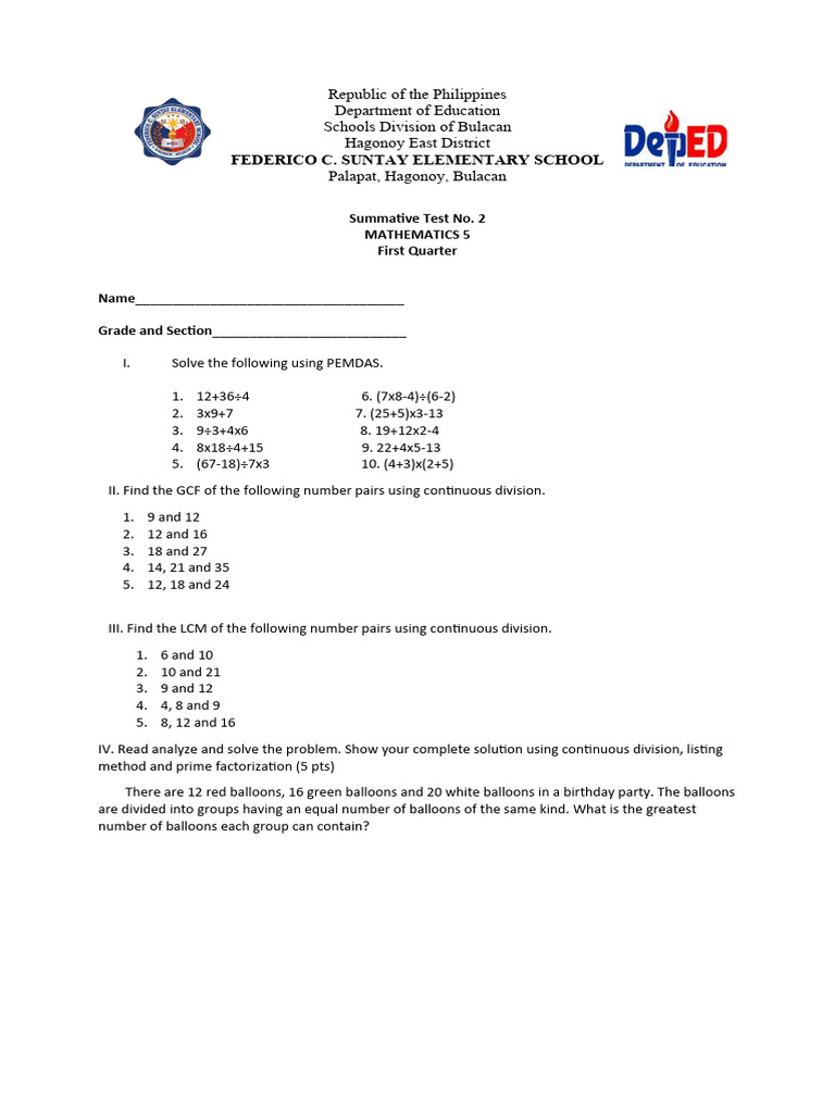 Math 5 Summative Test: Operations & GCF/LCM | PDF