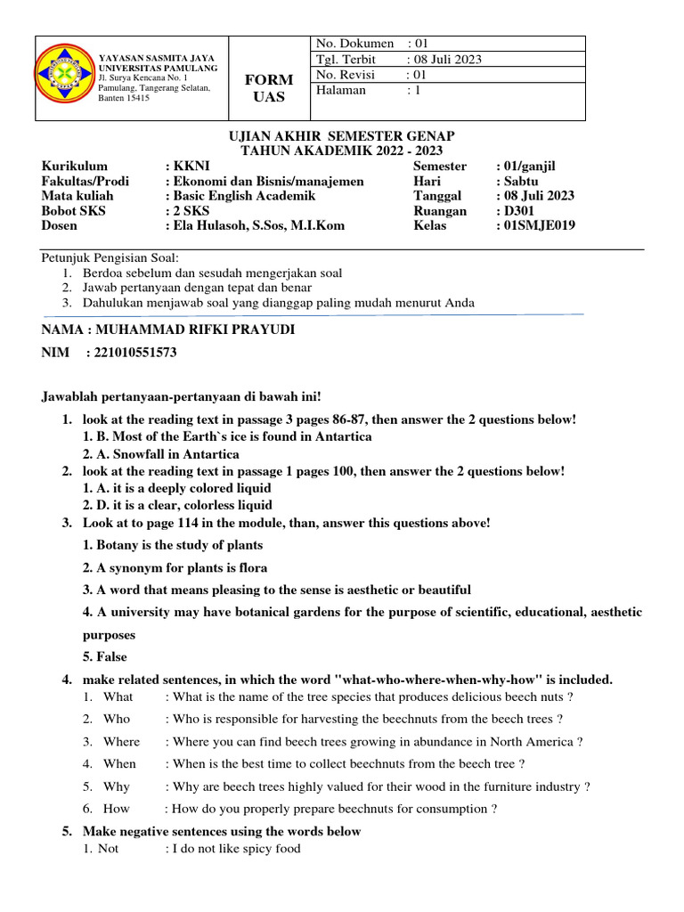 SOAL UAS Basic Academic English | PDF