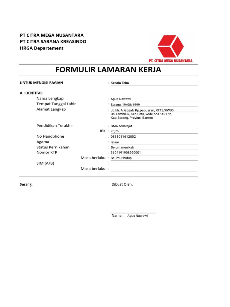 Form Lamaran Pekerjaan-AGS | PDF