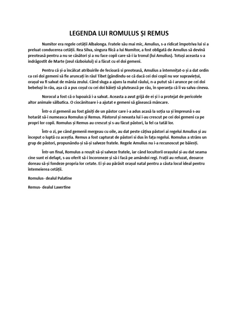 LEGENDA LUI ROMULUS ȘI REMUS | PDF