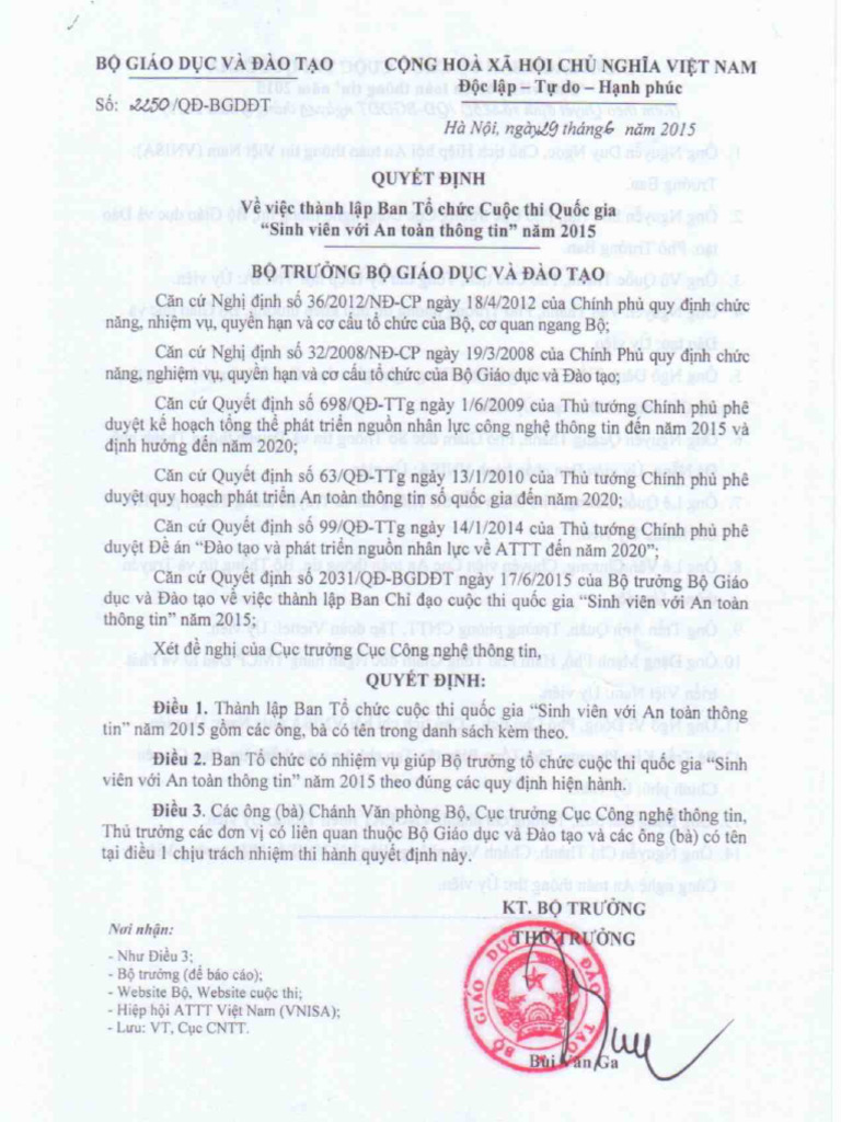 2250-Qd-Bgdt-29-6-2016-Btc-Thi-Sv-Attt Lê Văn | PDF