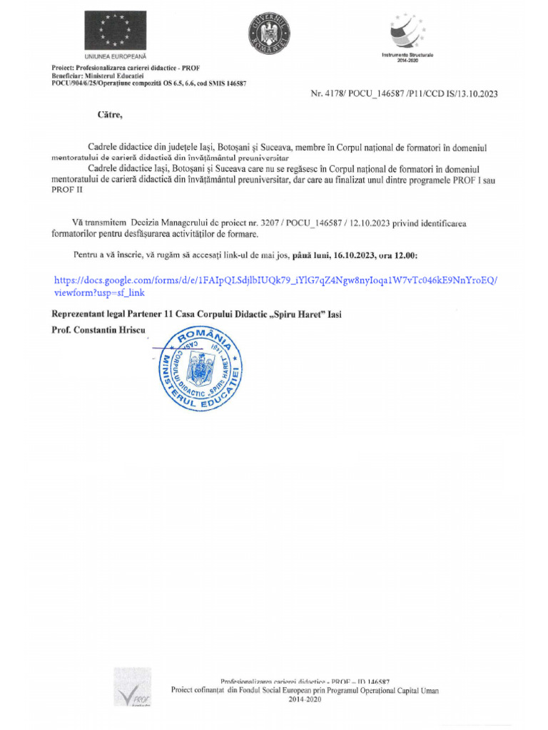 Adresa Inaintare Decizie PROF - Oct-1 - Site | PDF
