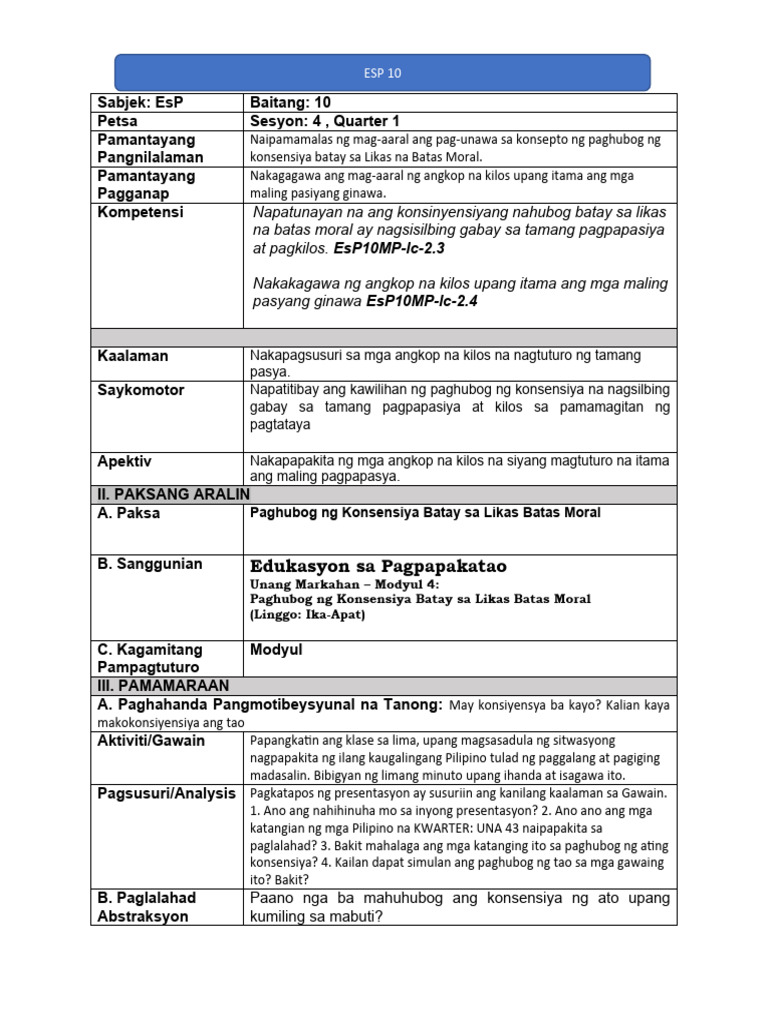 EsP10 - Q1 - Lesson Plan4 - Q1 | PDF