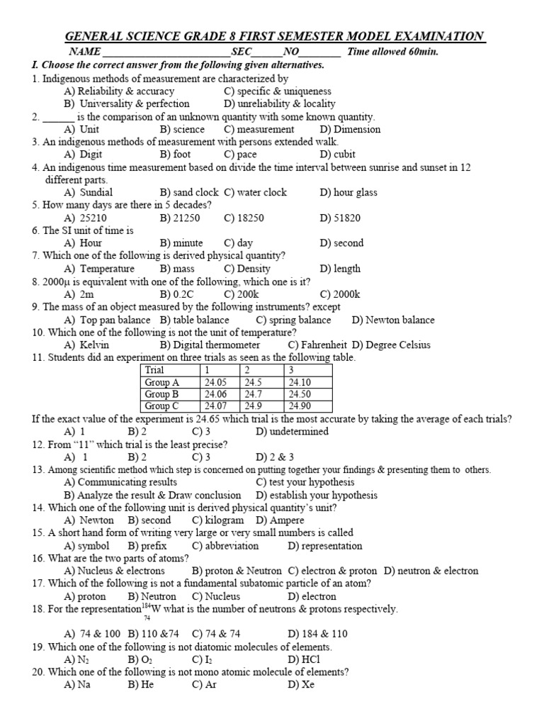 General Science Grade 8 First Semester Model Examination | PDF | Skin ...
