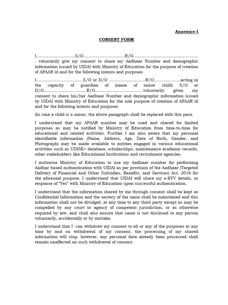 Annexure - Consent form and use of APAAR ID | PDF