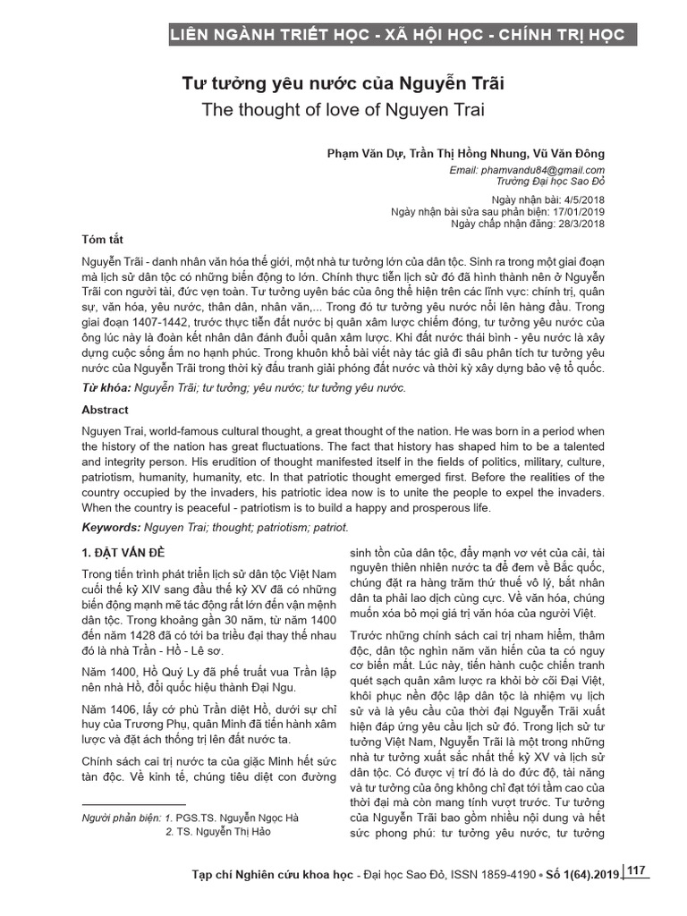 Tư tưởng yêu nước của Nguyễn Trãi: The thought of love of Nguyen Trai | PDF
