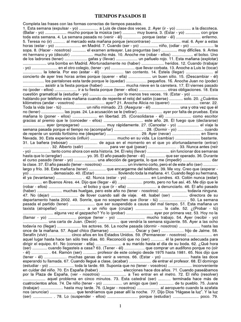 Ejercicios de Tiempos Pasados en Español | PDF | Hogar, jardinería y ...
