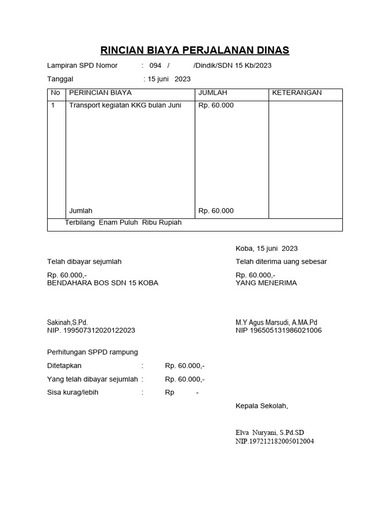 Rincian Biaya Perjalanan Dinas SDN 15 Koba | PDF