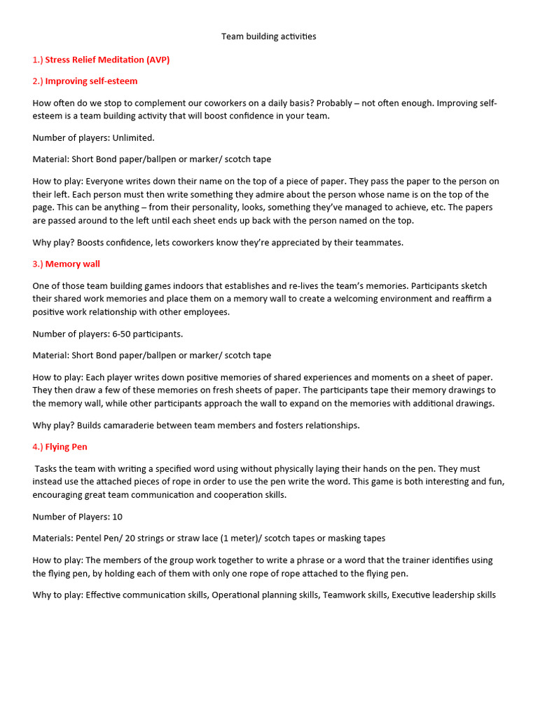 Team Building Activities Pdf Self Esteem Memory