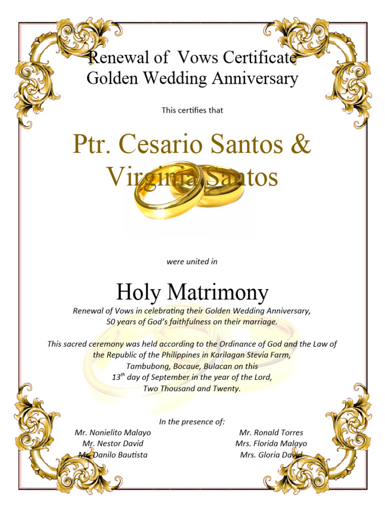 Renewal of Vows Certificate | PDF