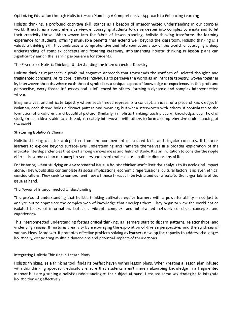 Enhancing Learning With Holistic Thinking in Lesson Planning | PDF ...