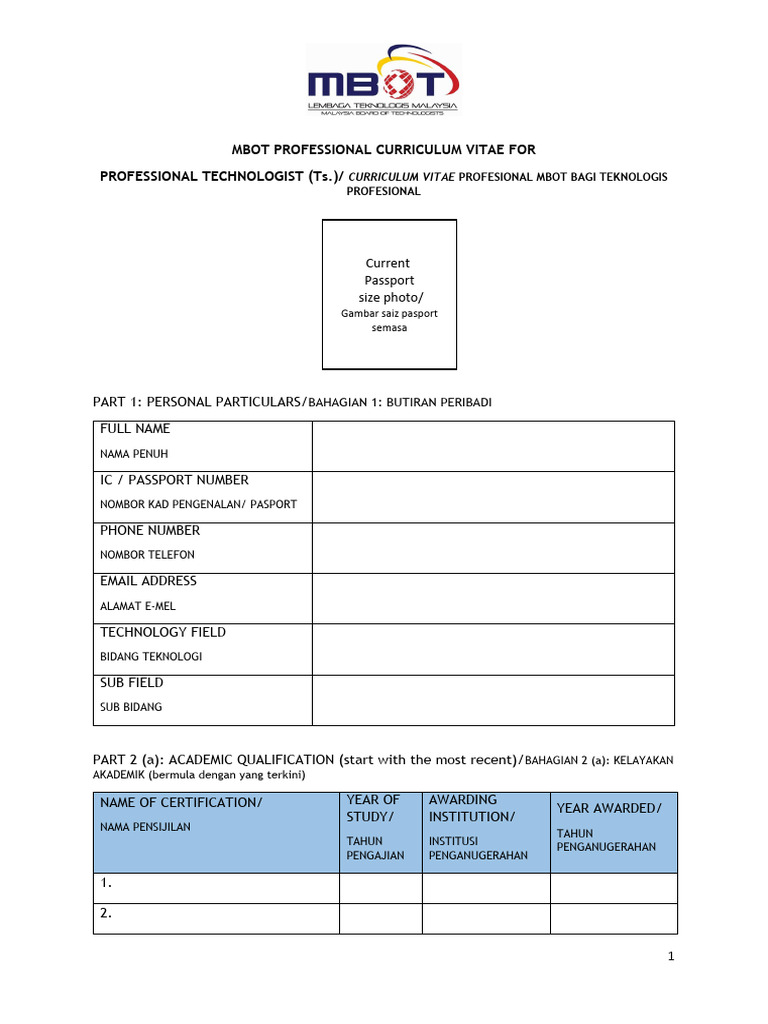 Mbot Professional Curriculum Vitae Form | PDF