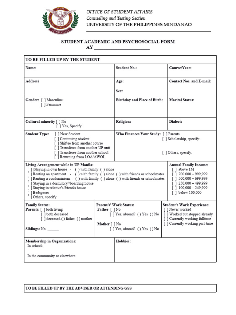 Student Academic and Psychosocial Form | PDF