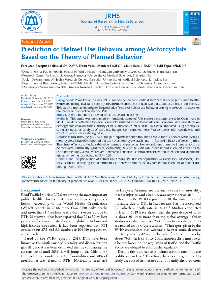 Prediction of Helmet Use Behavior among Motorcyclists Based on the Theory of Planned Behavior | PDF
