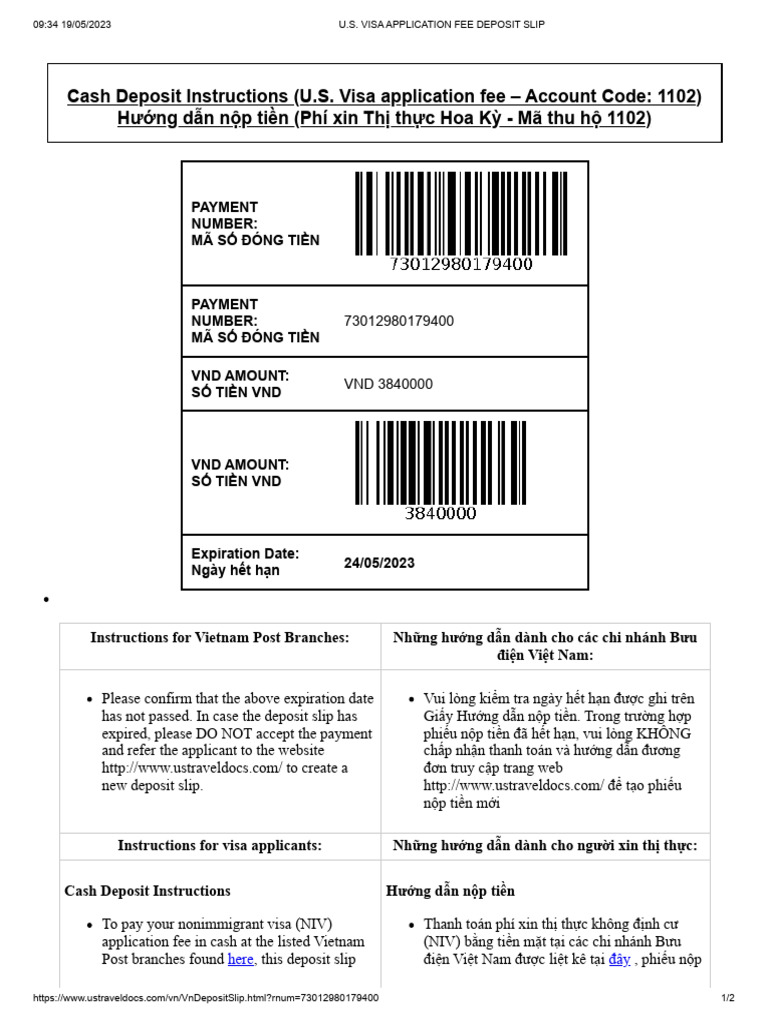 U.S. Visa Application Fee Deposit Slip | PDF