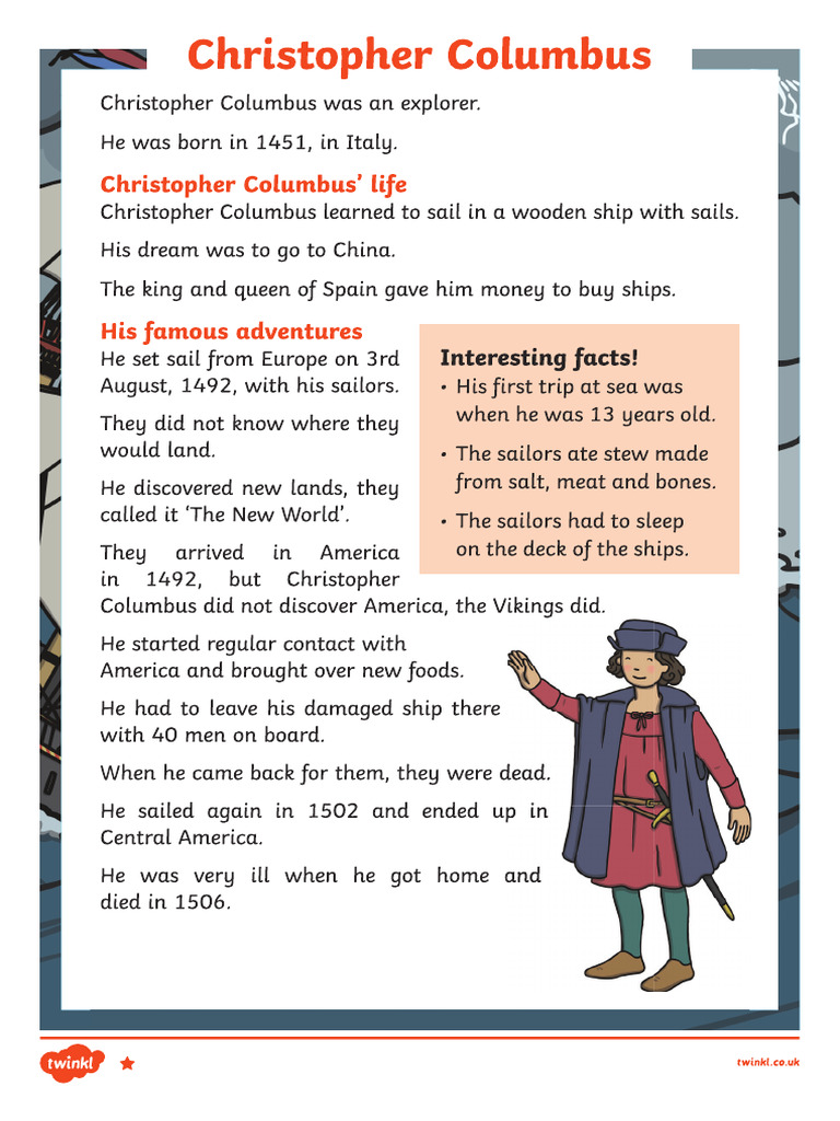 Christoper Columbus Reading Comprehension 1 | PDF