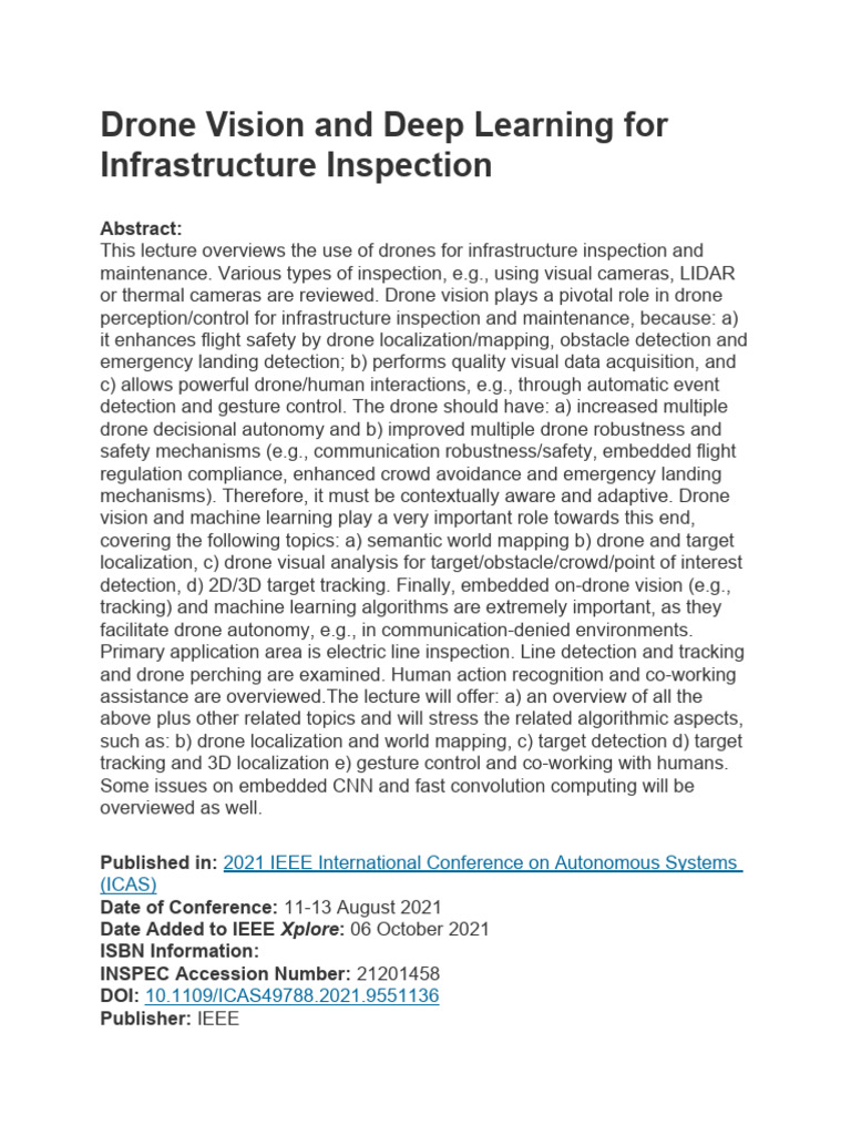 Drone Vision and Deep Learning For Infrastructure Inspection | PDF