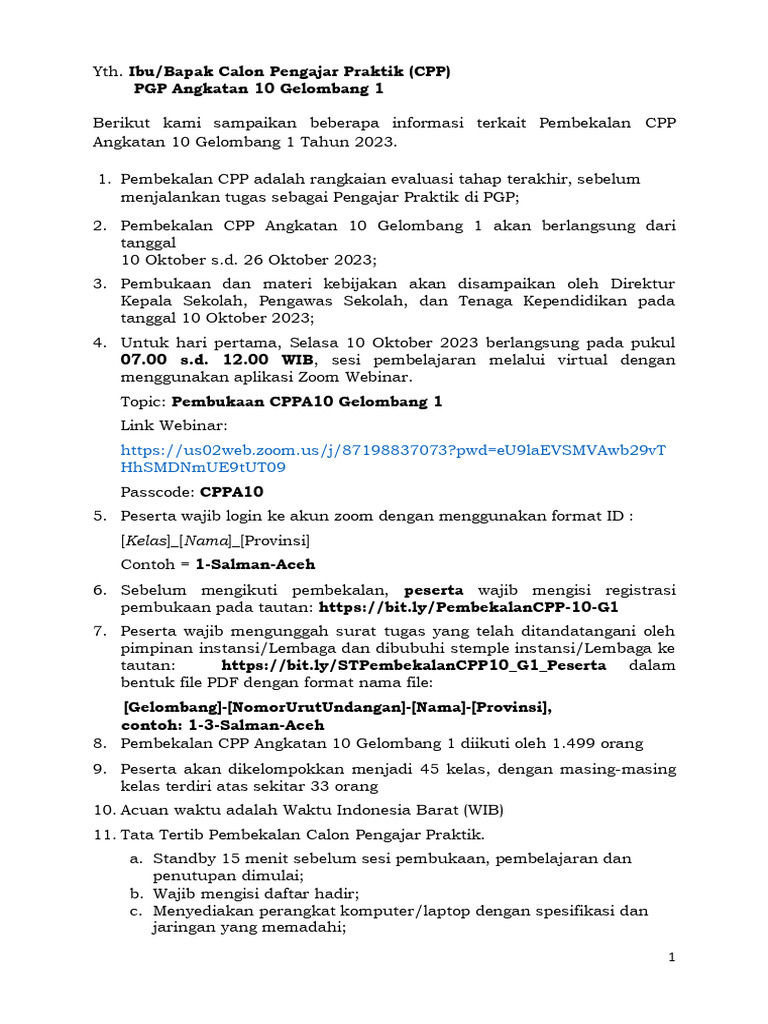Informasi Pembekalan CPP A10 Gel 1 | PDF