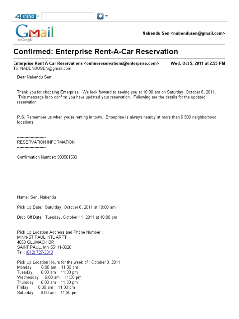 Enterprise Rent-A-Car Reservation | PDF