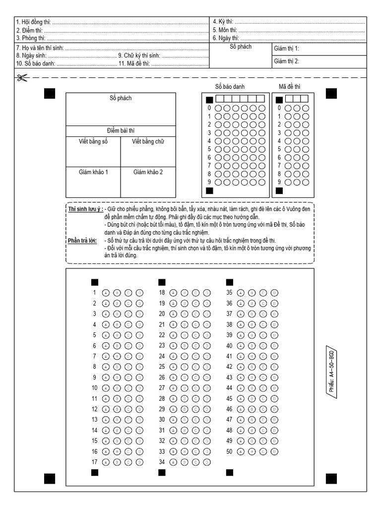 50 Cau - Phieu A4-50-BGD - Cat Phach - SBD | PDF